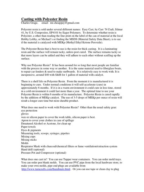 Casting With Polyester Resin Pdf Polyester Composite Material