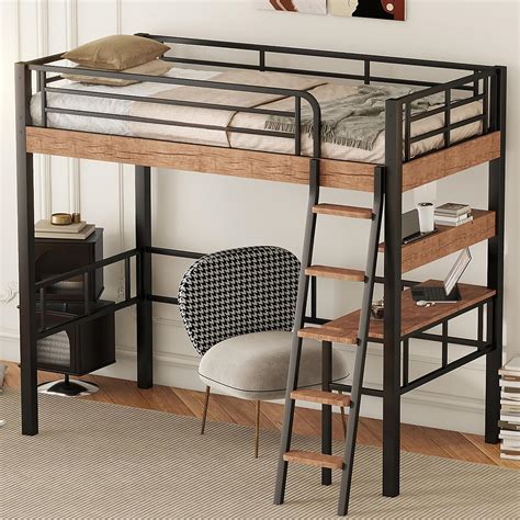 Twin Loft Bed With Desk And Storage Shelf Metal Loft Bed
