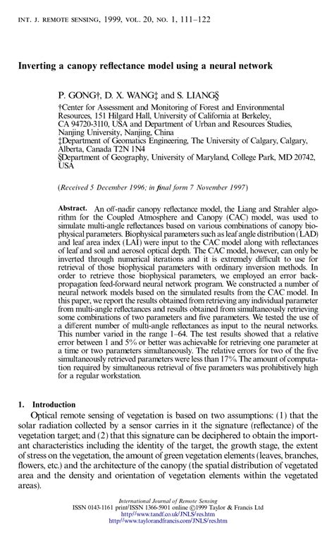 Pdf Inverting A Canopy Reflectance Model Using A Neural Network