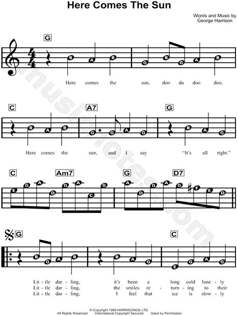 The Beatles Here Comes The Sun Sheet Music For Beginners In C Major