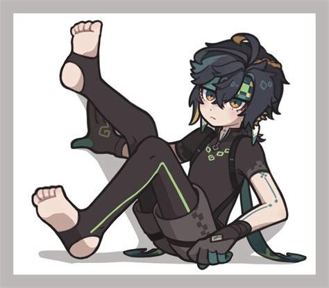 Kinich Genshin Impact Genshin Impact Highres Arm Tattoo Barefoot Black Hair Black Shirt