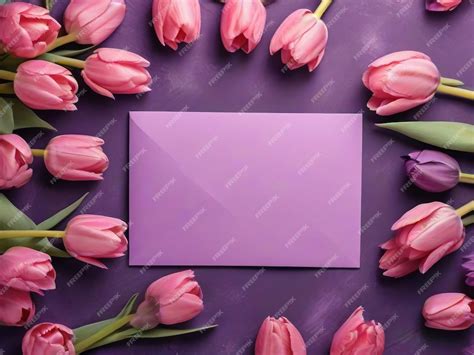 Premium Photo Top View Emty Card Mockup With Pink Tulips Flowers In Violet Paper Wrapper