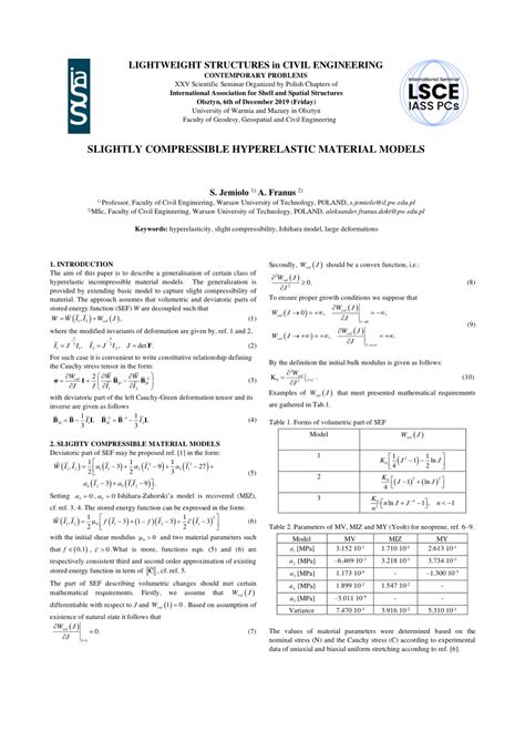 Pdf Slightly Compressible Hyperelastic Material Models