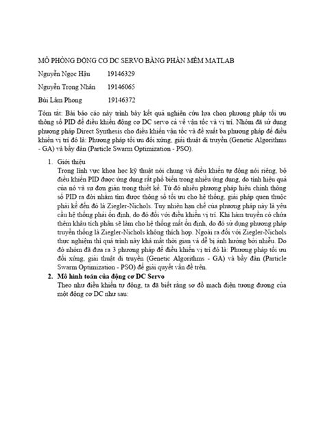 MÔ PhỎng ĐỘng CƠ Dc Servo BẰng PhẦn MỀm Matlab Pdf