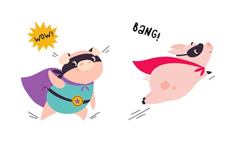 재미있는 슈퍼 히어로 돼지가 달리고 날아 다닙니다 슈퍼 히어로 만화 벡터 일러스트 레이 션으로 옷을 입은 귀여운 강력한 새끼 돼지 날기에 대한 스톡 벡터 아트 및 기타