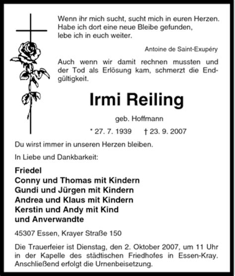 Traueranzeigen Von Irmi Reiling Trauer In Nrw De