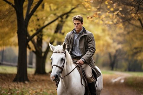 Ein Junger Mann Reitet Auf Einem Pferd In Einem Herbstpark Premium Foto