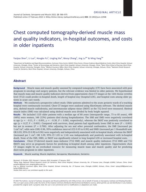 Pdf Chest Computed Tomography‐derived Muscle Mass And Quality Indicators In‐hospital Outcomes