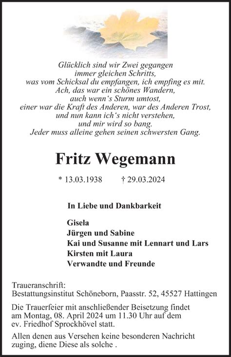 Traueranzeigen Von Fritz Wegemann Trauer In Nrw De