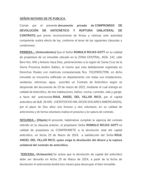 Compromiso De Devolucion De Anticretico Pdf