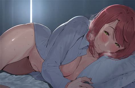 Rule 34 After Sex Backlighting Blush Breasts Cleavage Curtains English Commentary Female