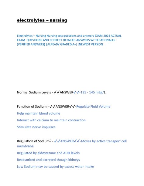 Electrolytes Nursing Nursing Test Questions And Answers Exam 2024 Actual Exam Question Exams