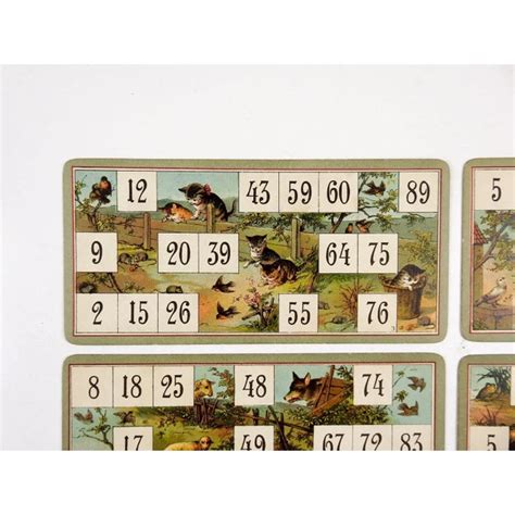 Antique Lithograph Lotto Game Cards Kittens Wolf Birds Set Of 4