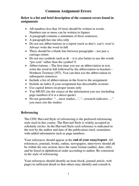 Common Assignment Errors Below Is A List And Brief Description Of The