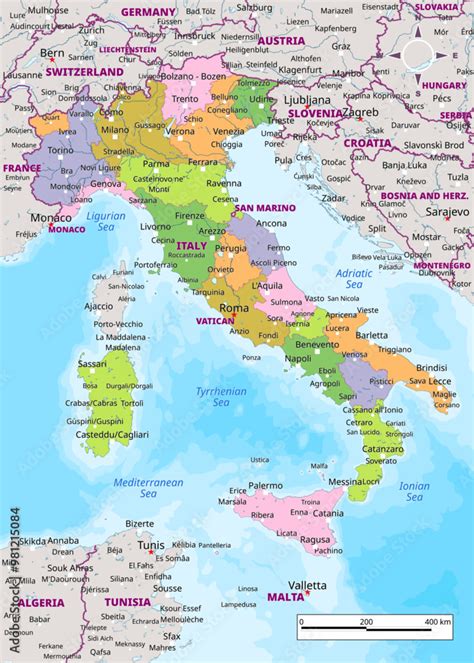 Italy Political Map With Capital Cities Towns National Borders