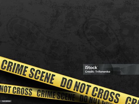 Yellow Police Cordon Tape On A Dark Background With A Footprint Stock
