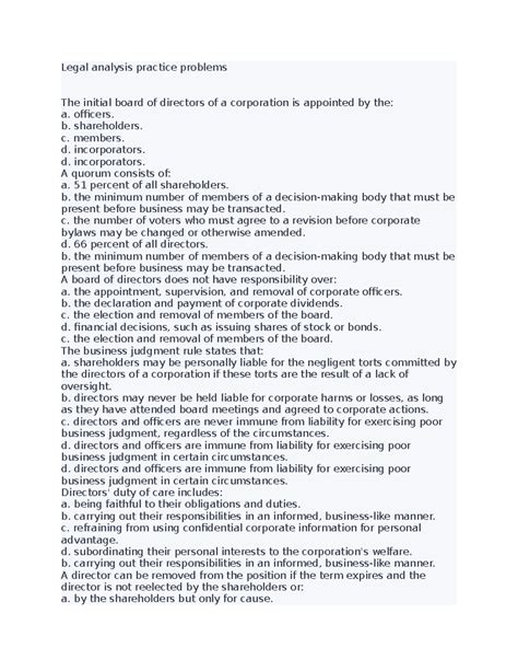 Legal Analysis Practice Problems 1 Officers B Shareholders C