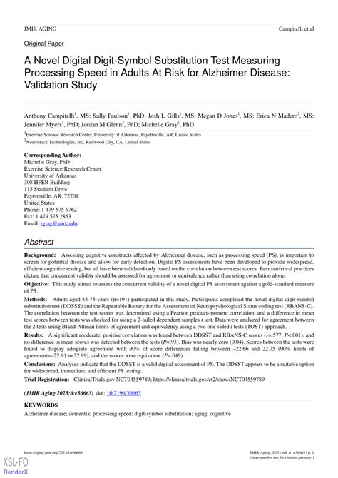 Pdf A Novel Digital Digit Symbol Substitution Test Measures Processing Speed In Adults At Risk