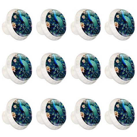 Beautiful Peacock Birds 12 Pcs White Round Drawer Pulls With Screwsabs