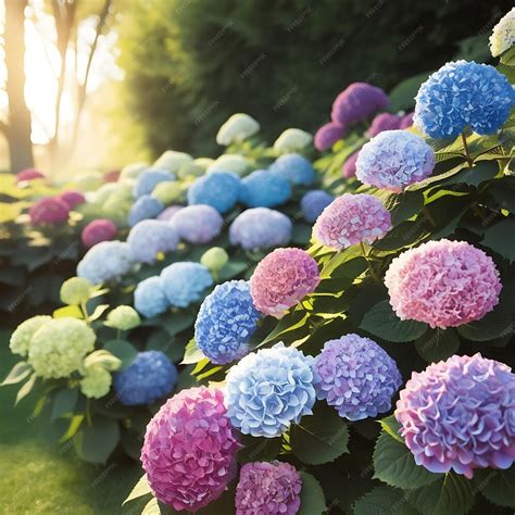 Hydrangea Field In Sunlight Premium Ai Generated Image