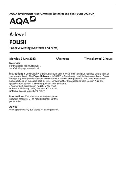 Aqa A Level Polish 76872 Paper 2 Writing Question Paper And Mark