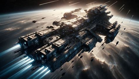 Massive Space Battleship Escorted By A Fleet Of Interceptors Stock Illustration Illustration