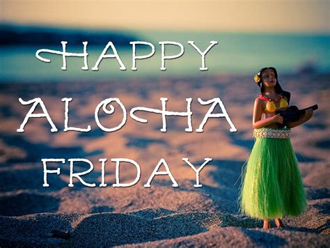 Happy Aloha Friday Card With A Girl In A Green Skirt On The Beach