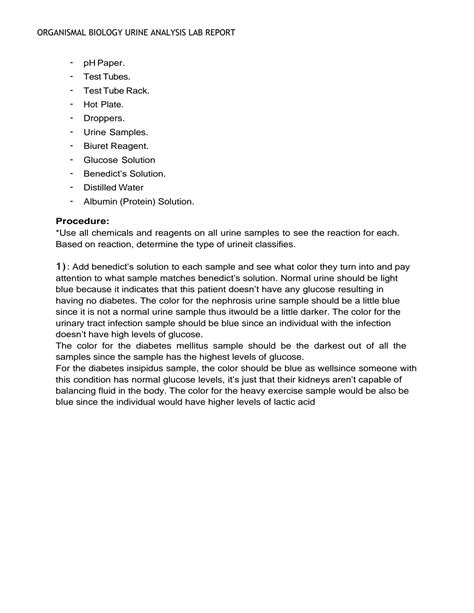 Solution Organismal Biology Urine Analysis Lab Report 2022 Studypool