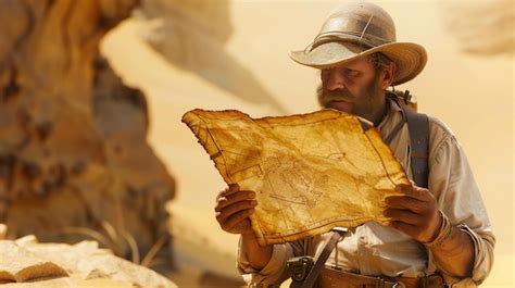 An Adventurer In A Pith Helmet Reads An Old Map While Standing In A