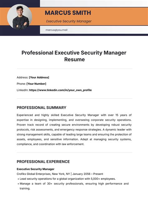 Free Professional Executive Security Manager Resume Template To Edit Online