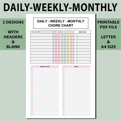 Daily Weekly Monthly Chore Chart Printable Tasks Day Tasks Week Tasks Month Daily Weekly Monthly