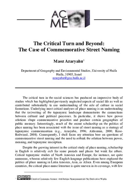 Pdf The Critical Turn And Beyond The Case Of Commemorative Street Naming