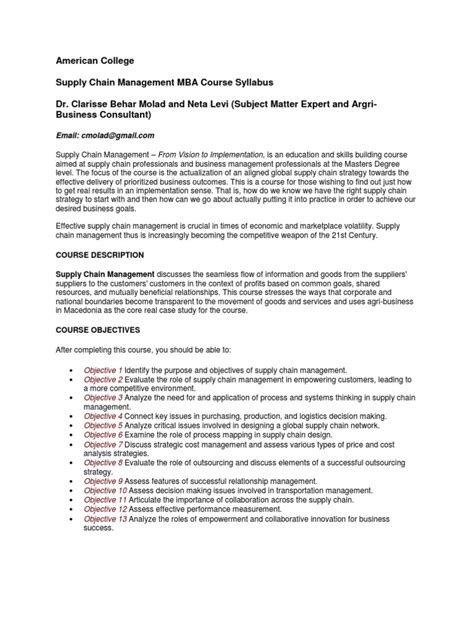 Supply Chain Syllabus Pdf Supply Chain Supply Chain Management