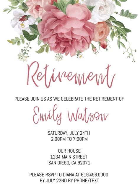 Pink Floral Retirement Invitations Template Printable Pink Flowers