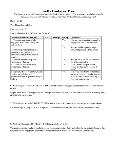 Feedback Assignment Form Practice Feedback Assignment Form Use This