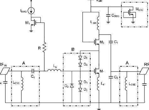 Schematic Of Esd Protected Lna Dotted Boxes A And B Indicate The