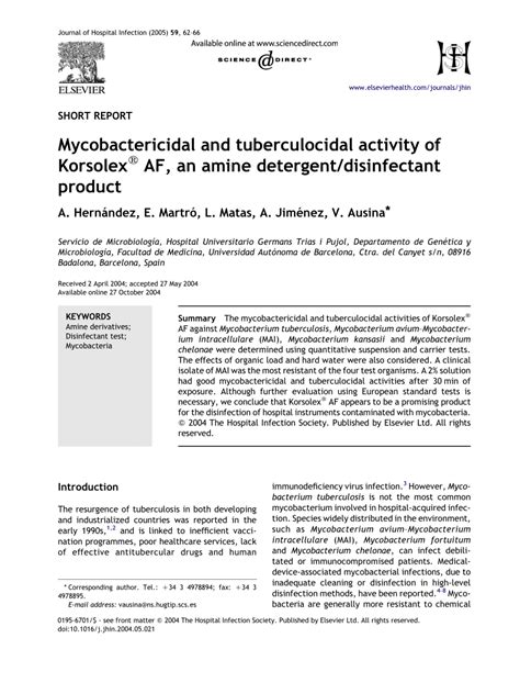 Pdf Mycobactericidal And Tuberculocidal Activity Of Korsolex R Af An Amine Detergent