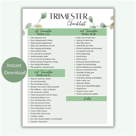 Pregnancy Trimester Checklist Pregnancy Trimester Printable