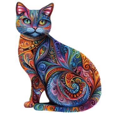 Whimsical Cat With Vibrant Fur Patterns Cat Colorful Intricate Png