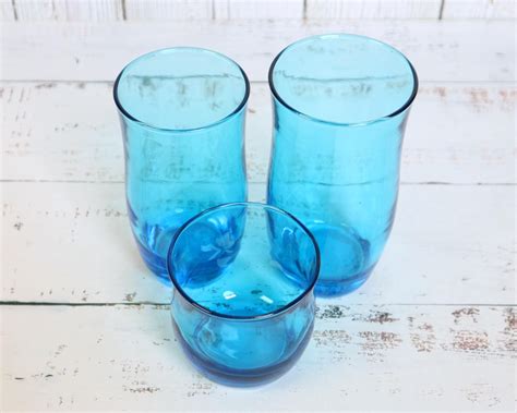 Mcm Drinking Glasses Set 3 Peacock Blue Anchor Hocking Flair Laser
