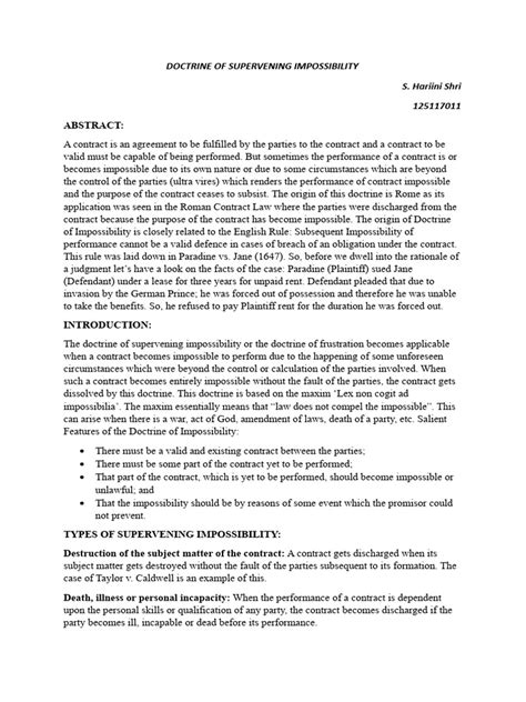 Doctrine Of Supervening Impossibility Pdf Private Law Business Law