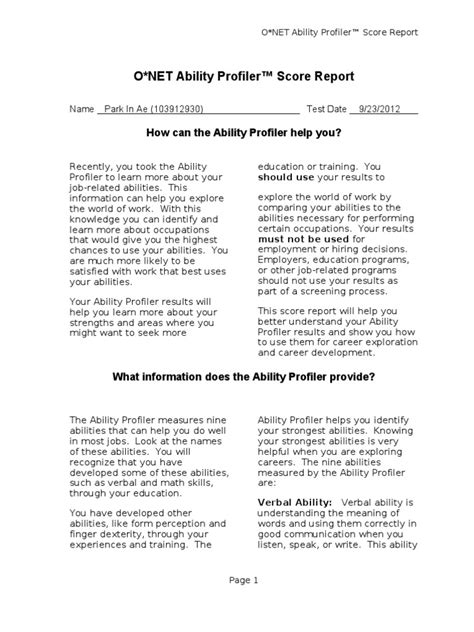 Ability Profiler Score Report Pdf Vocational Education Academic Degree