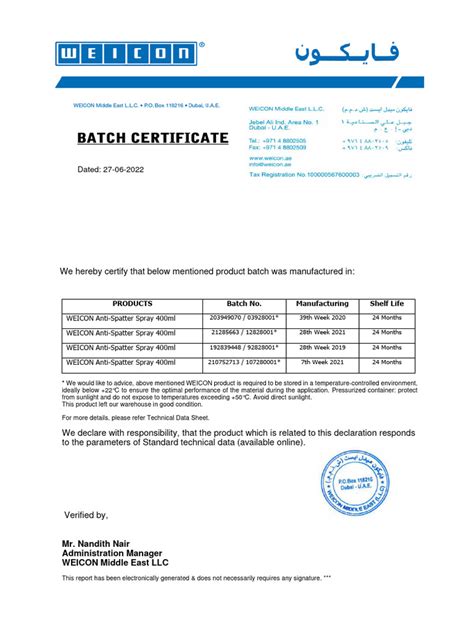 Batch Certificate Anti Spatter Pdf
