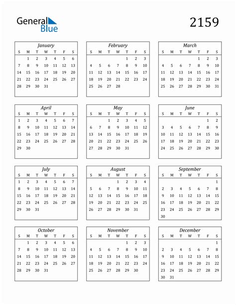 2159 Blank Yearly Calendar Printable
