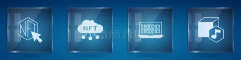 Set Nft Digital Crypto Art Cloud Binary Code And Square Glass