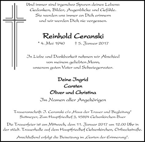 Traueranzeigen Von Reinhold Ceranski Trauer In Nrwde
