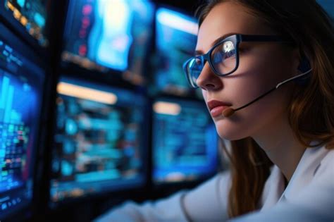 Premium Photo Close Up Shot Of Female IT Engineer Working In Monitoring Room She Works With