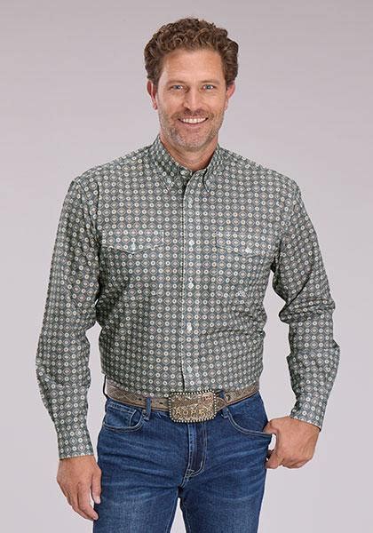 Roper® Mens Ls Grey Medallion Print Button Shirt