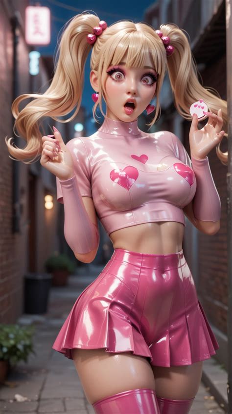 1 Girl Is In The City At Night In The Alley Double Ponytails