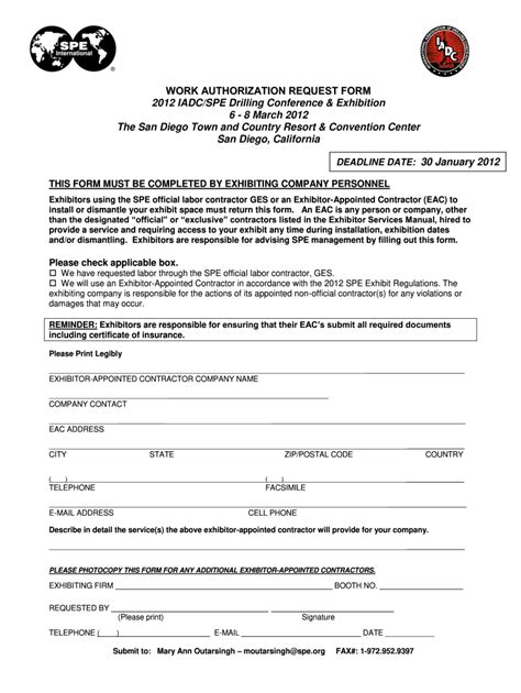 Free Contractor Work Authorization Form Template